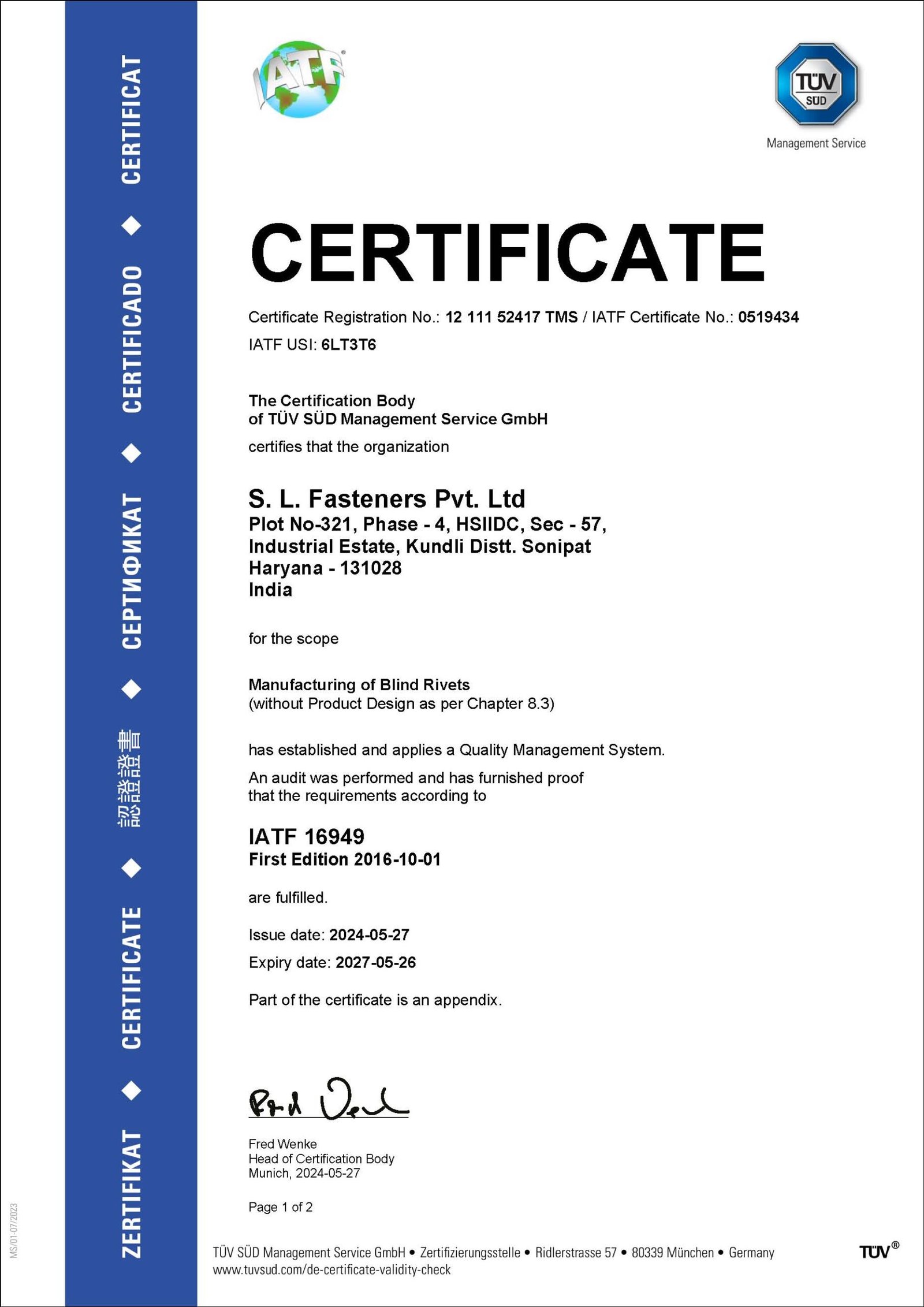 Company Certifications - SL Fasteners Pvt. Ltd.