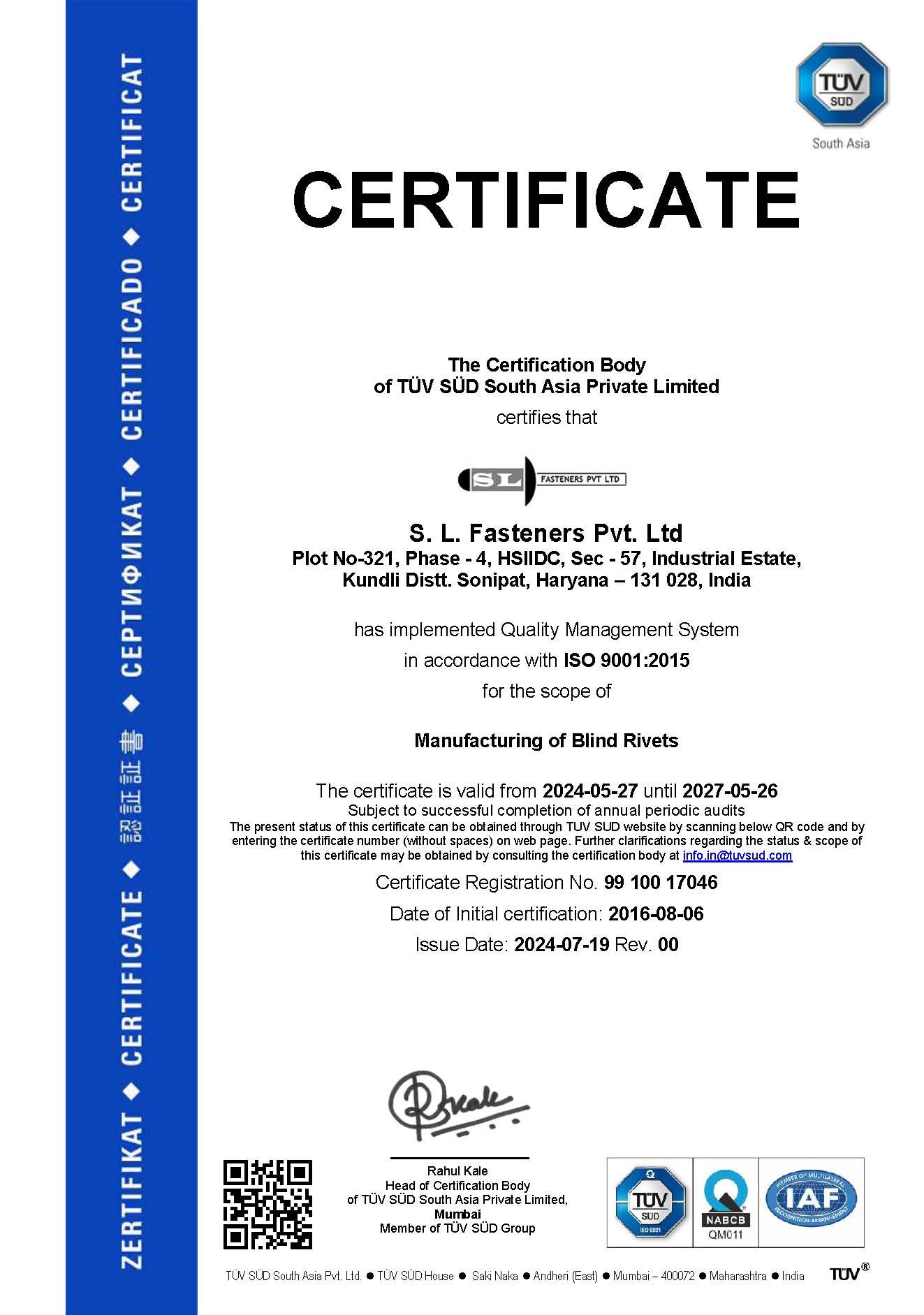 Company Certifications - SL Fasteners Pvt. Ltd.